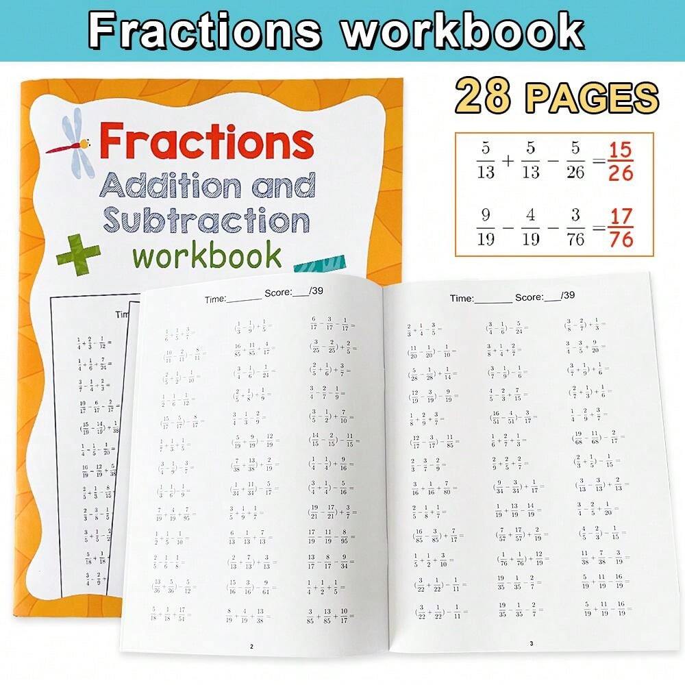 28 Pages Addition And Subtraction Fractions Arithmetic Workbook ...