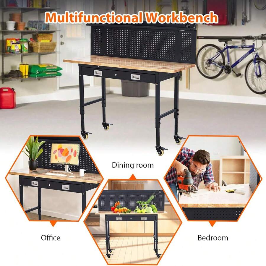 60" Workbench, Rubber Wood Top Workbench With Pegboard, Drawer Storage, Adjustable Heavy Duty ...