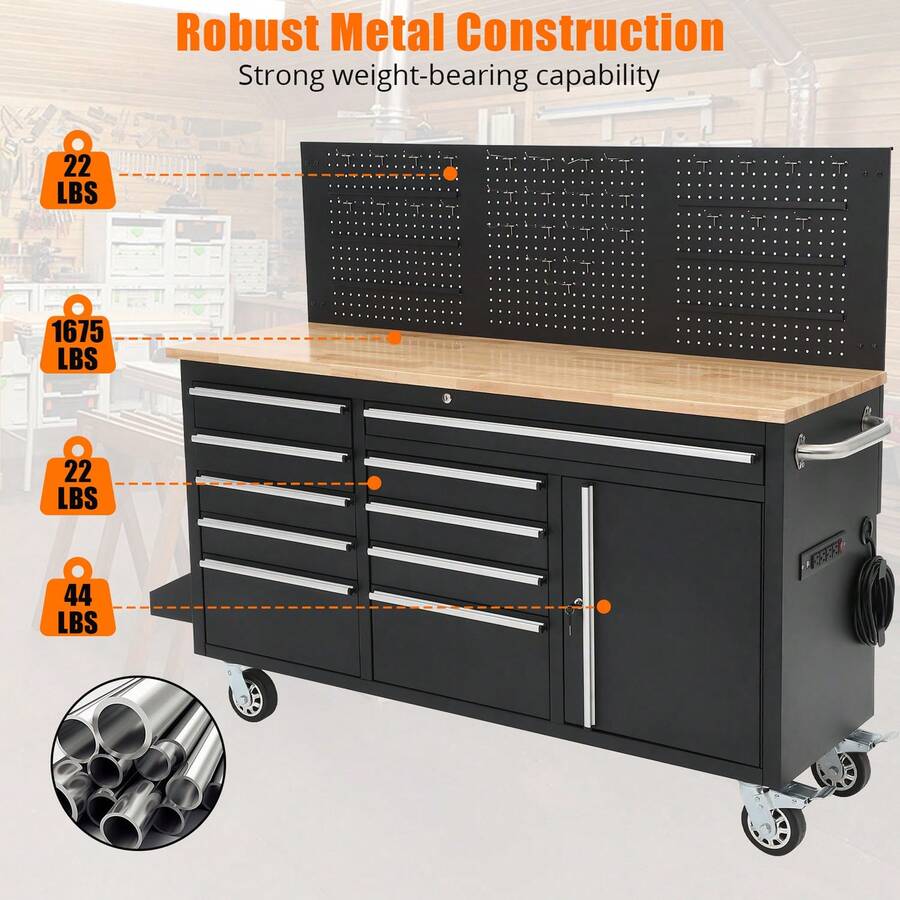 Tool Chest Workbench, 61-Inch Rolling Tool Chest With Wheels, 10 ...