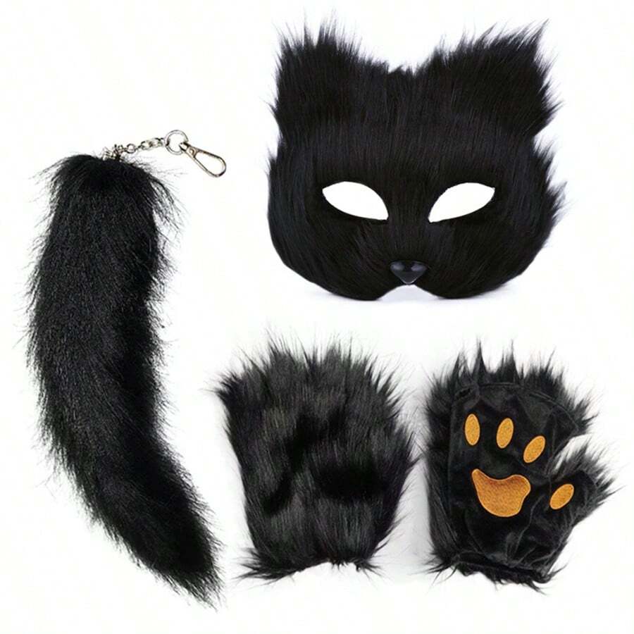 Furry Therian Mask And Fox Tail Glove Set For Girls, Cat Mask Therian ...