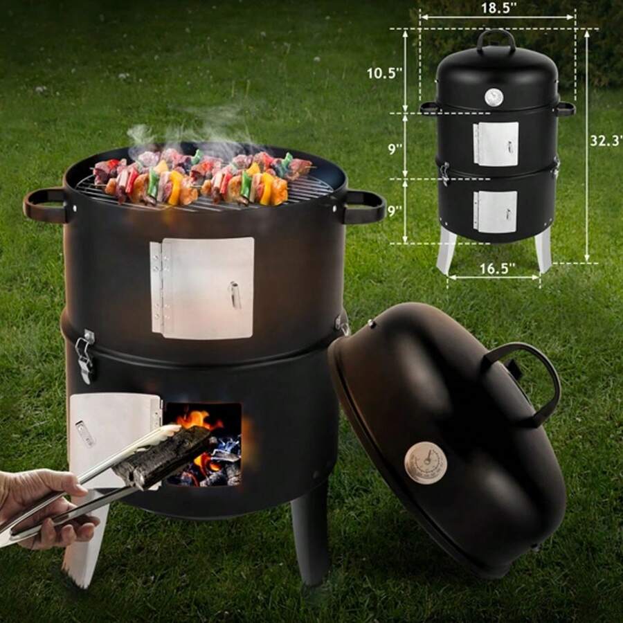 Vertical Steel Charcoal Smoker, Heavy Duty Double Layer Round BBQ Grill ...