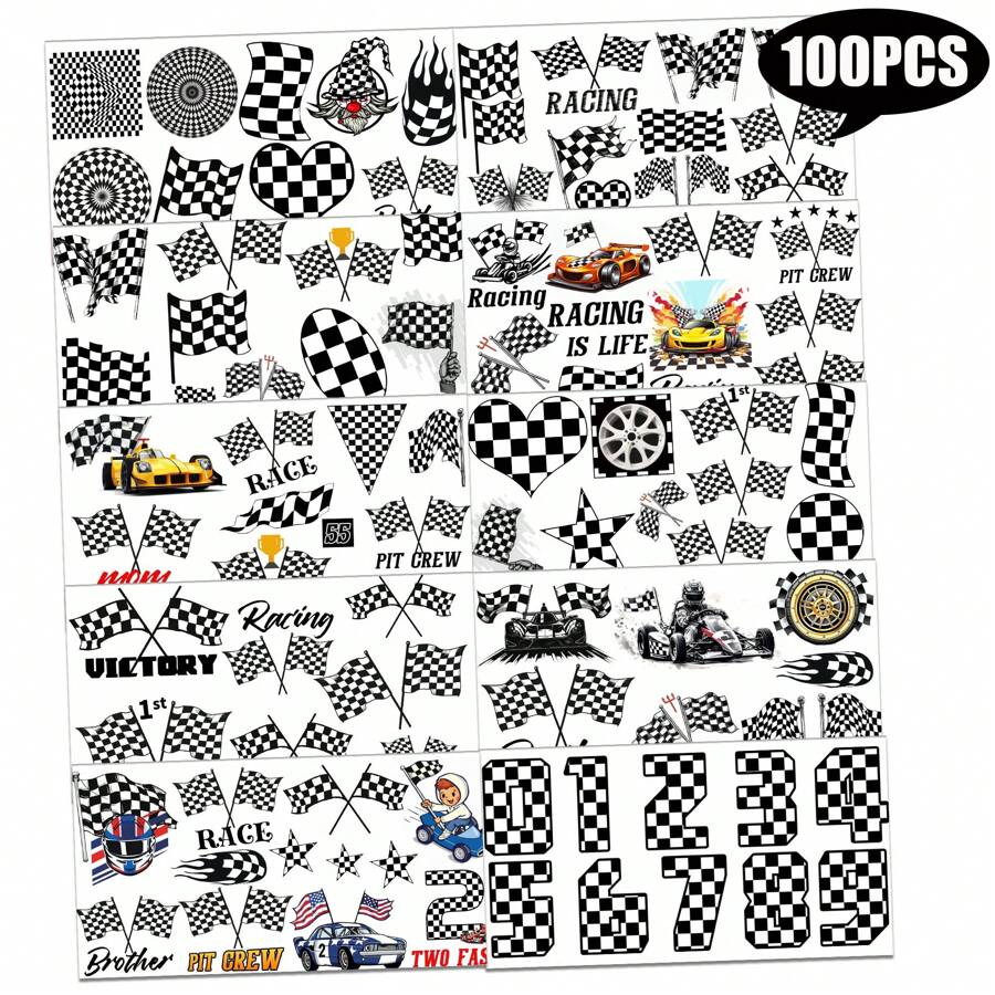 100pcs Racing Tattoos Funny Race Car Checkered Flags Temporary Tattoos ...