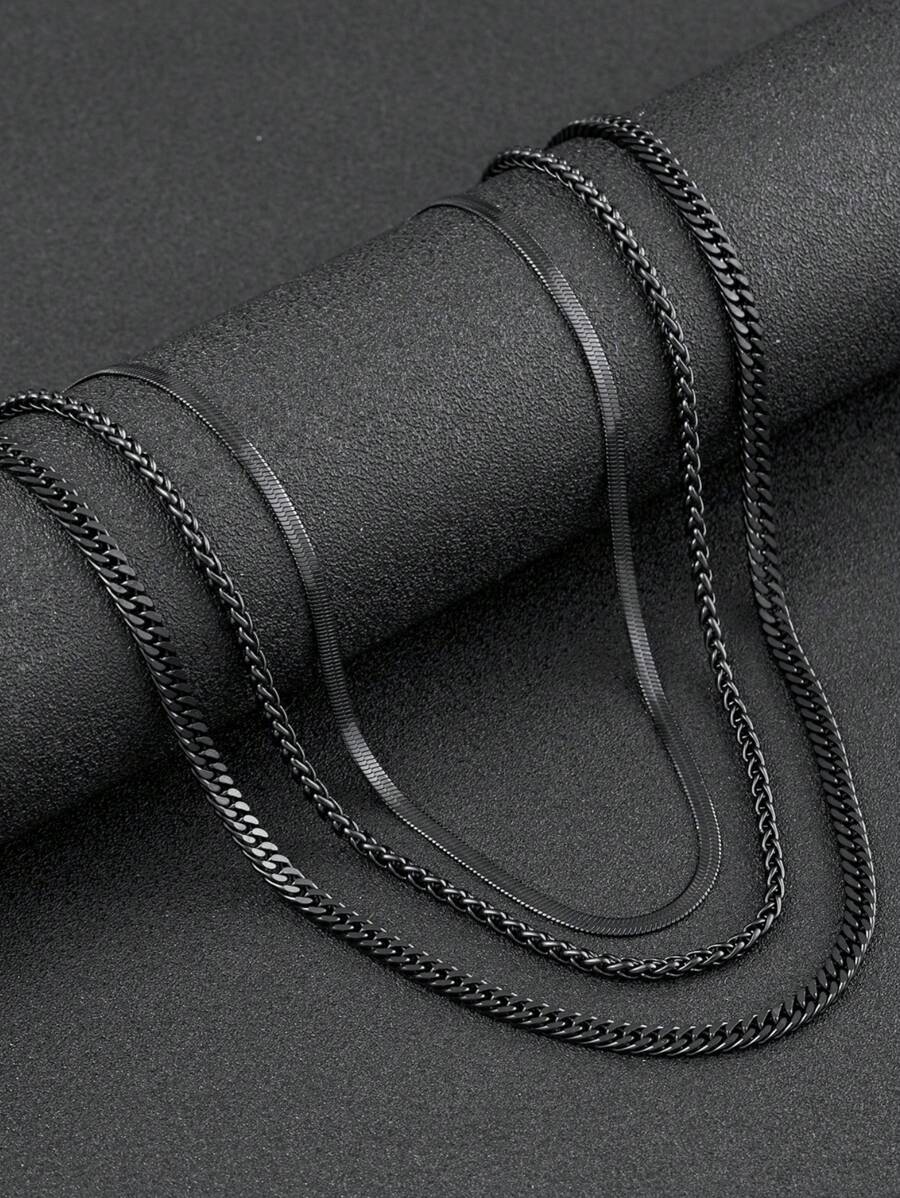 3pcs Men's Stainless Steel Black Necklace Gothic Style Simple ...