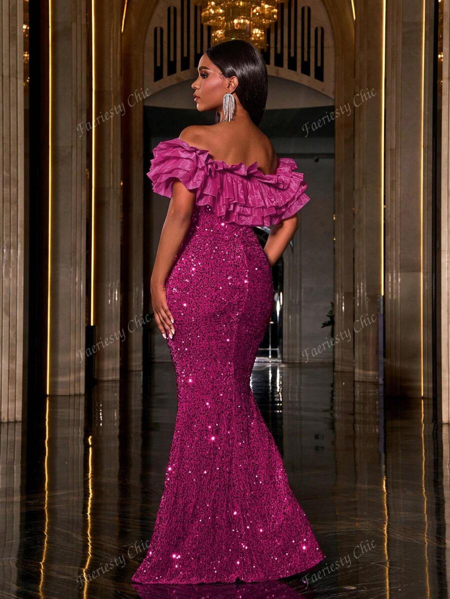 Faeriesty Layered Ruffle Trim Off Shoulder Sequin Mermaid Prom Dress Elegant Formal Evening ...