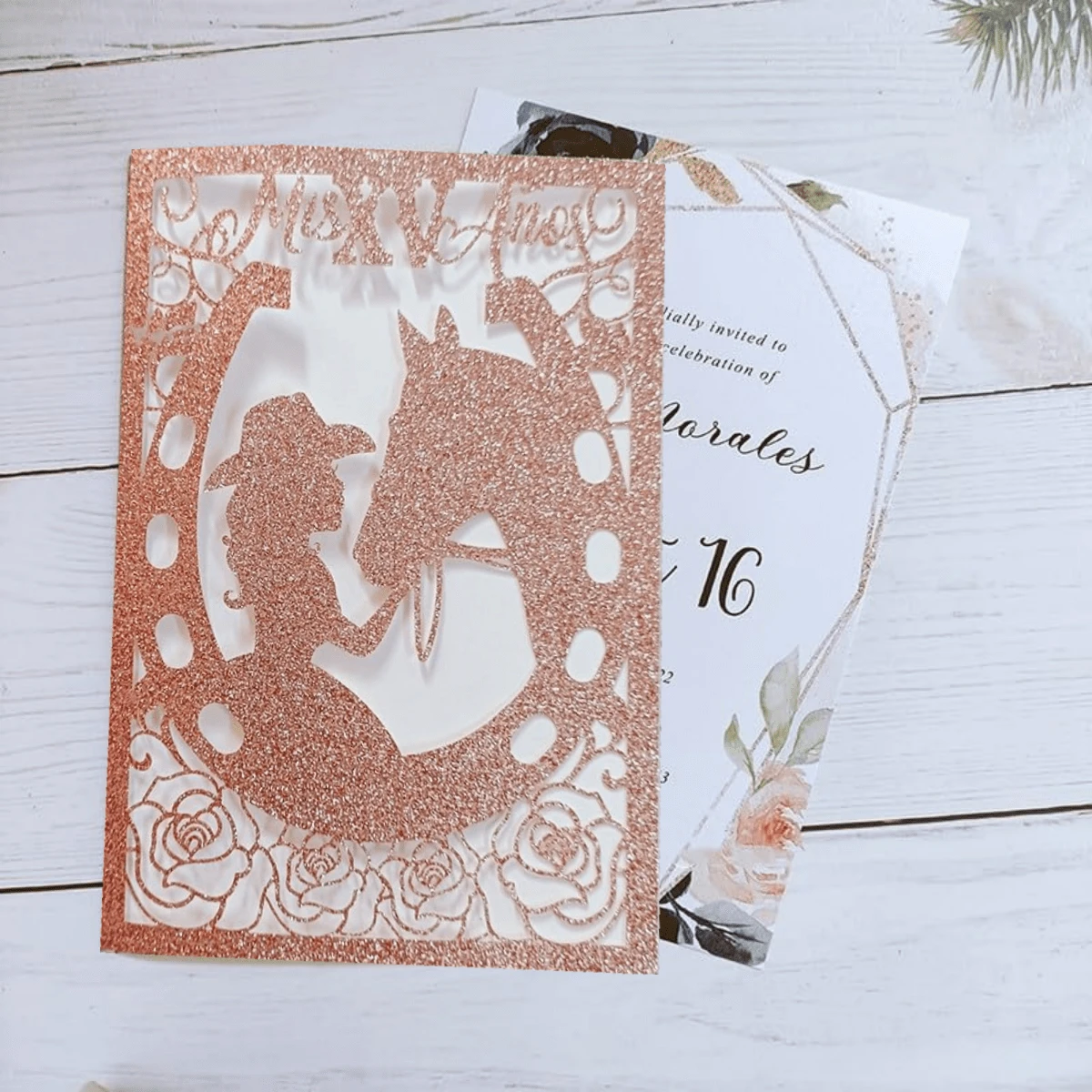 50pc Rose Gold Horse Shoes Laser Cut Invitation Card Sweet Sixteen ...