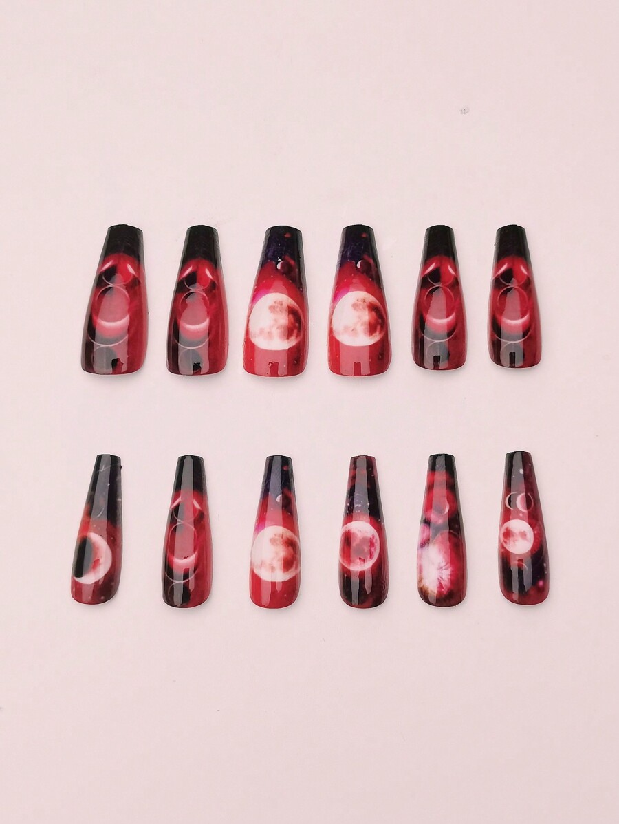 24pcs Shiny Fake Nails Bloody Tie Dye Effect Long Size Artificial Nails ...