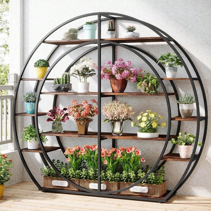 Tribesigns 7-Tier Indoor Plant Stand Black Metal Wood Multi-Potted ...