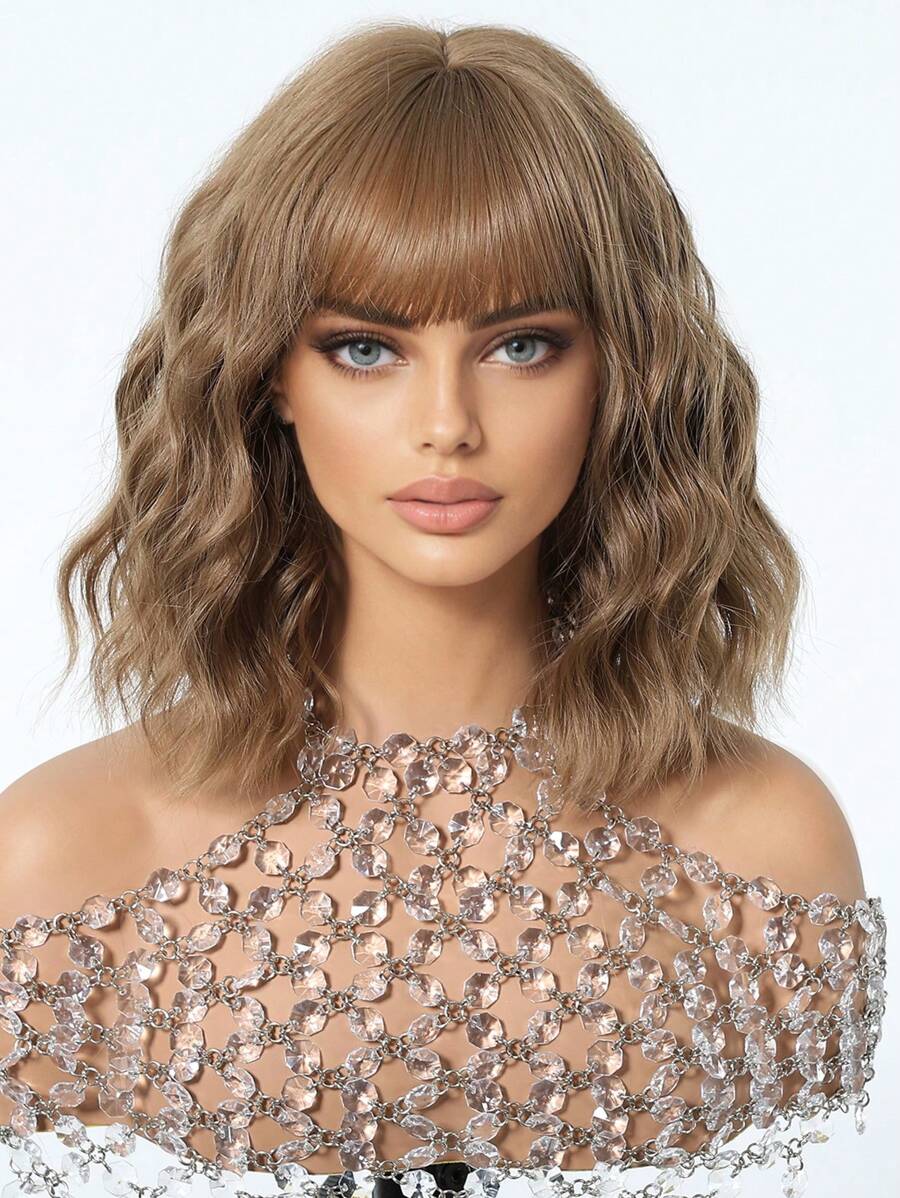 Pink Bob Wigs For Women Curly Wavy Wigs With Bangs Short Heat Resistant ...