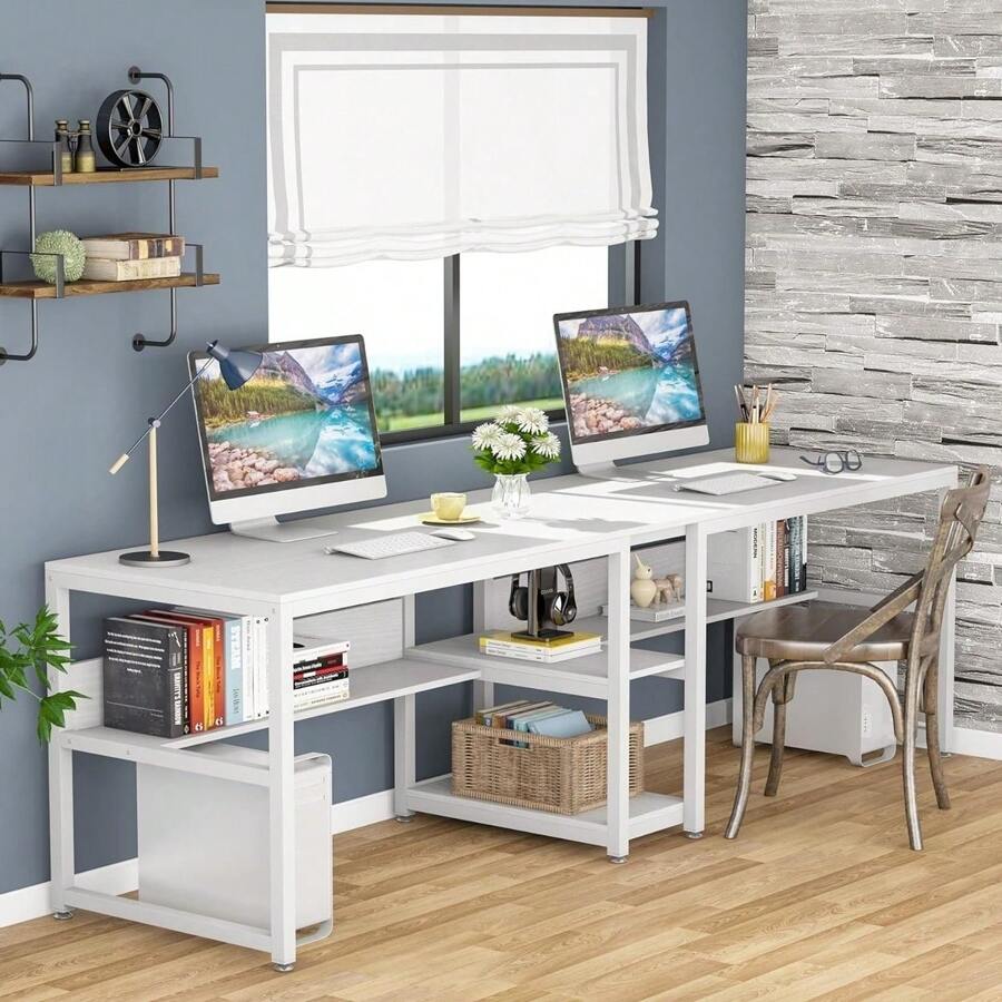 Tribesigns Double Computer Desk With Bookshelf 78.7" Computer Office ...