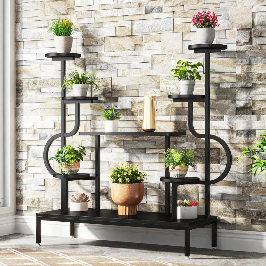 Tribesigns 8-Tier Metal Plant Stand Wooden Shelves Indoor Outdoor Multi ...