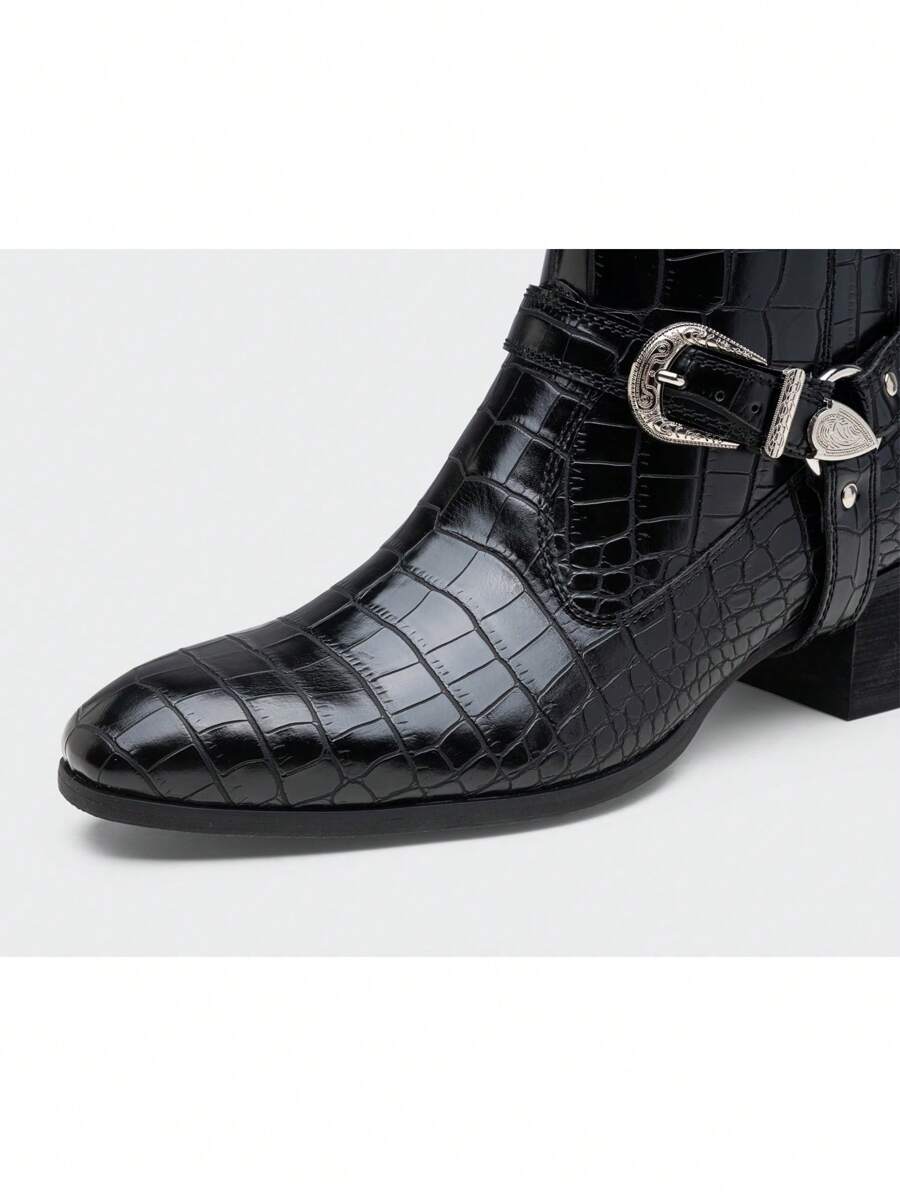 Men's Black Crocodile Embossed Leather Boots, Smooth Black With ...