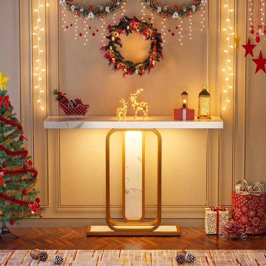 Tribesigns Modern Console Table Gold White With LED Lights 41.3 Inch ...