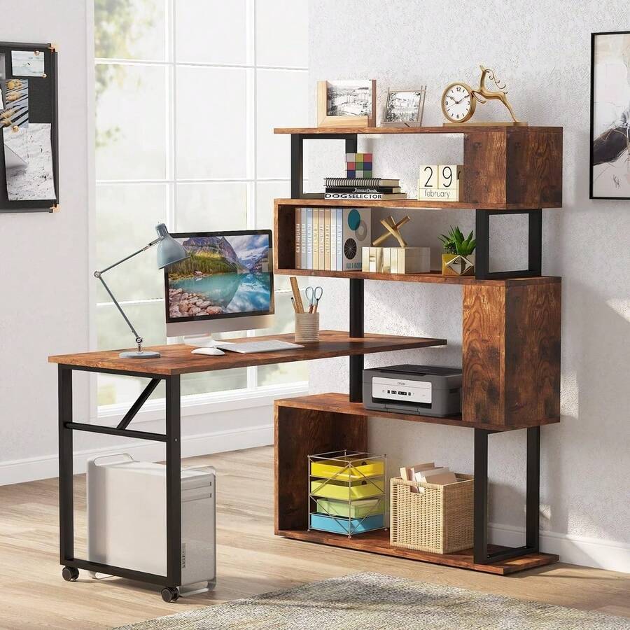 Rotating Computer Desk With 5 Shelves Bookshelf Modern L-Shaped Corner ...