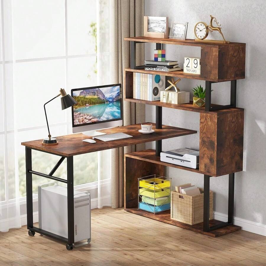 Tribesigns Rotating L-Shaped Computer Desk With 5 Shelves Reversible ...