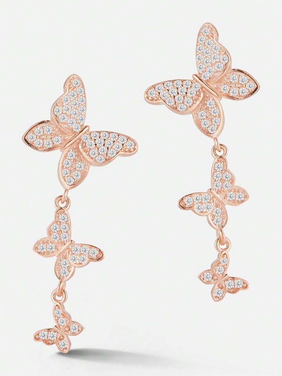 Livello Jewelry 14K Gold Plated 925 Sterling Silver Pave Butterfly Drop Dangle Earrings For ...