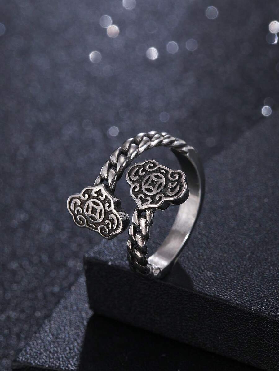 1pc Adjustable Vintage Style Copper Plated Silver Good Luck Lock Ring ...