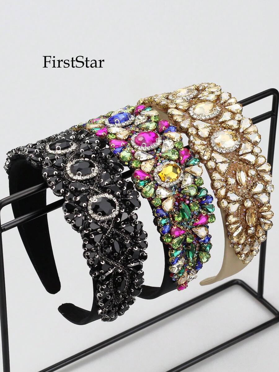1PC Women Colorful Black Rhinestone Boho Hairbands Luxury Diamante Wide ...