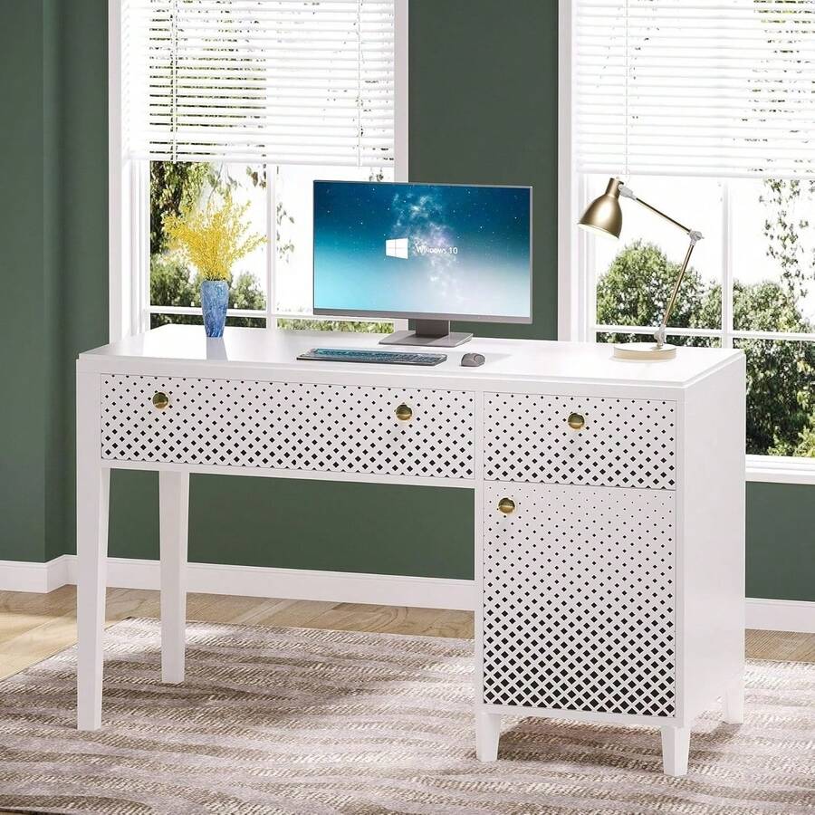 Tribesigns 47 Inch White Office Desk With Storage Cabinet And Drawers ...
