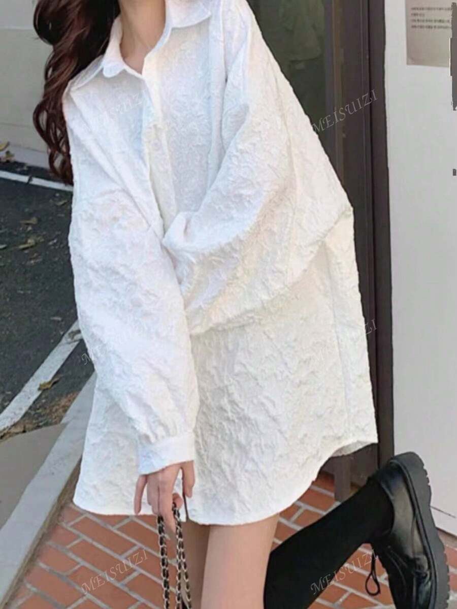 1pc Women's Loose Floating Floral Embossed Long Sleeve Casual Shirt ...