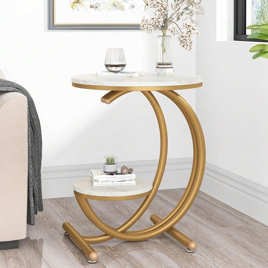 Tribesigns Faux Marble Side Table 2-Tier Round End Table With Storage ...