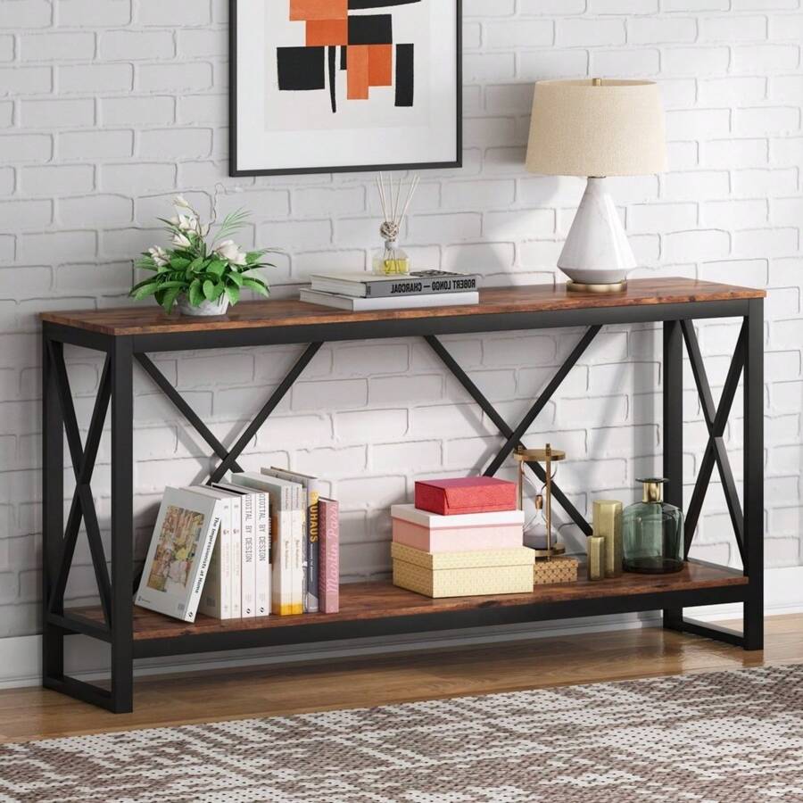 Tribesigns 70.9 Inch Industrial Sofa Console Table Black Steel Rustic ...