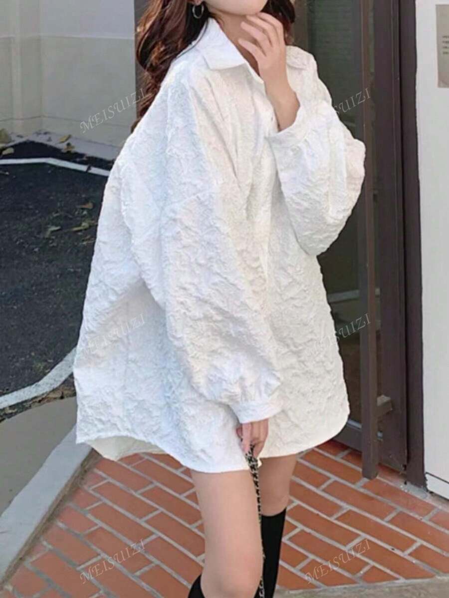 1pc Women's Loose Floating Floral Embossed Long Sleeve Casual Shirt ...