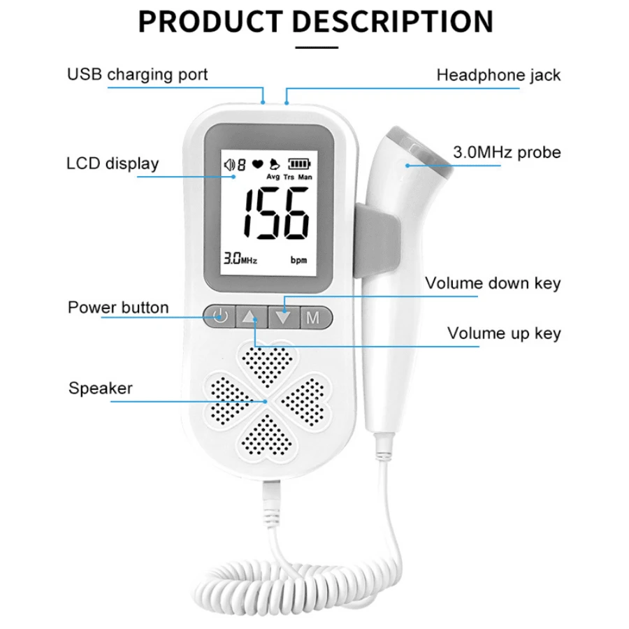 Fetal Doppler, Home Stethoscope For Pregnant Women, 3.0HZ Highly ...
