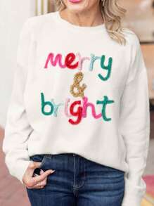 Merry & Bright Christmas Slogan Graphic Round Neck Long Sleeve Sweater ...