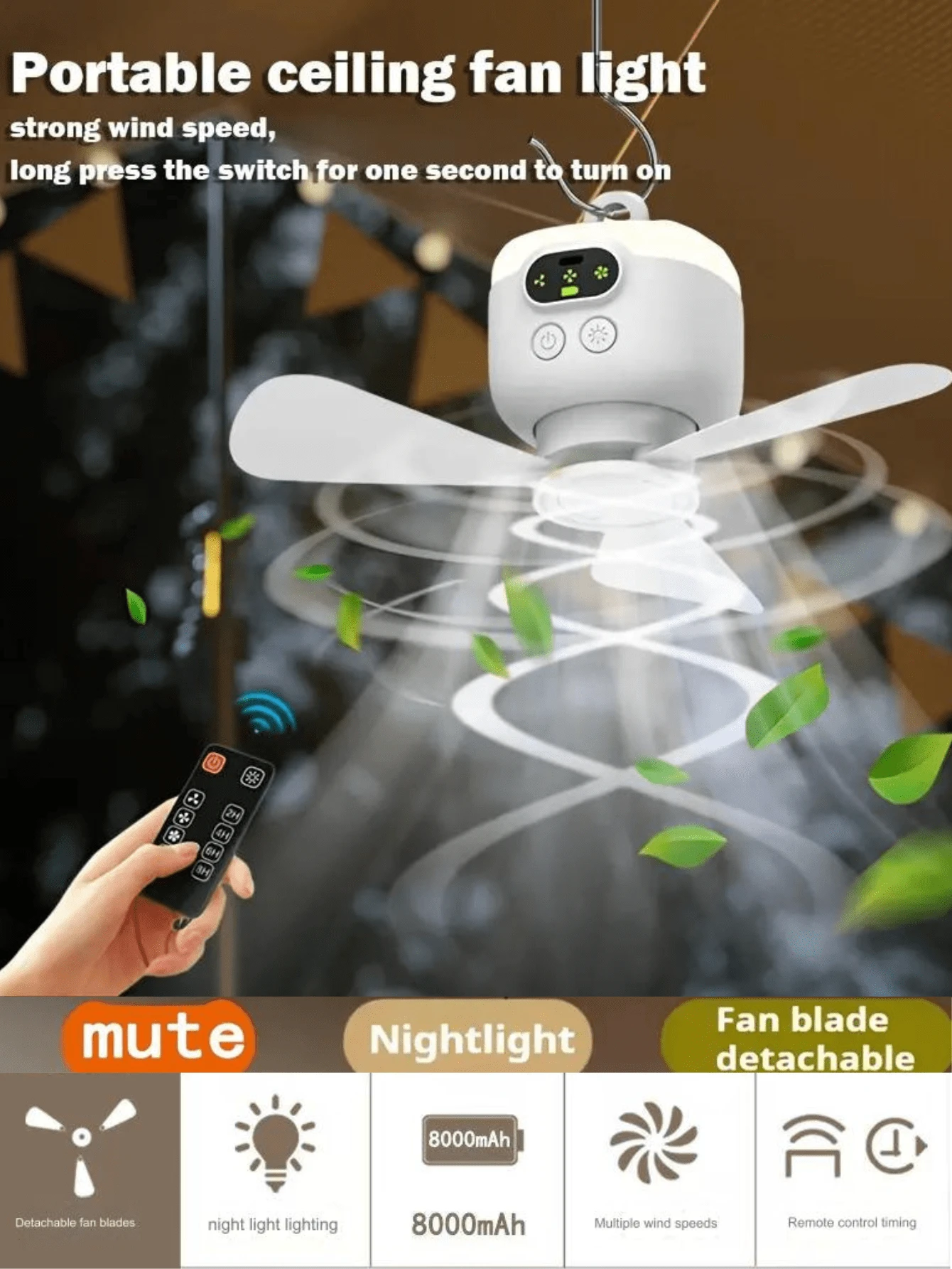 8000mah Rechargeable Portable Ceiling Fan With LED Light - Long-Lasting ...