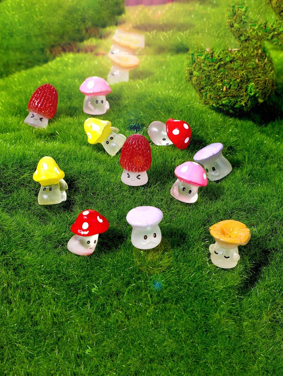 10pcs Mini Glow-In-The-Dark Mushroom Decor - Cute Resin Mushroom ...