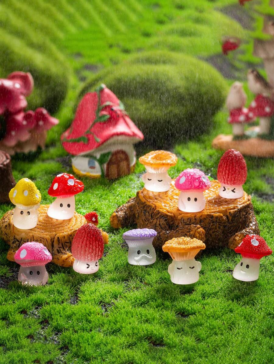 10pcs Mini Glow-In-The-Dark Mushroom Decor - Cute Resin Mushroom ...