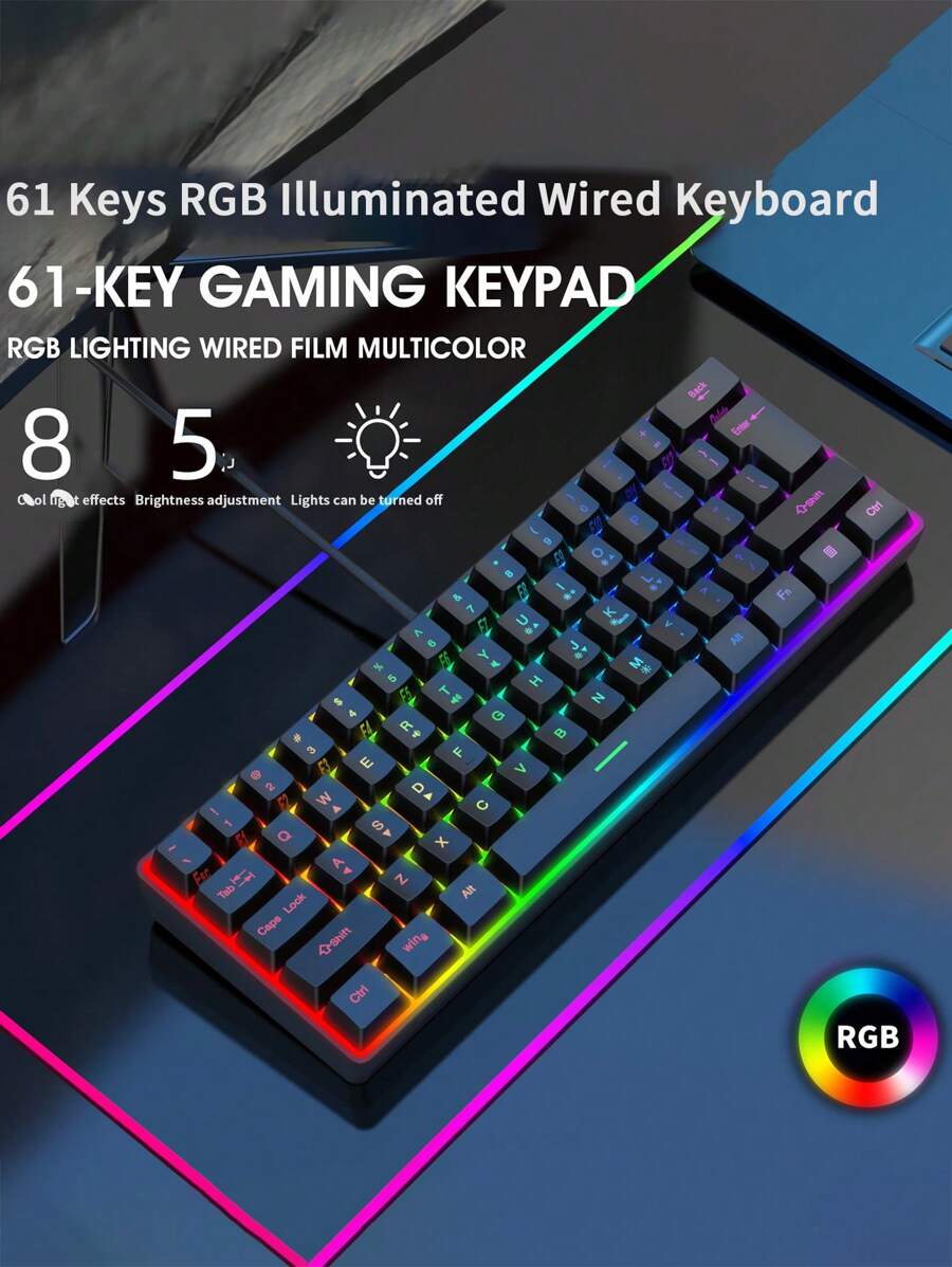 1 pieza Teclado con cable negro de 61 teclas con iluminación RGB ...