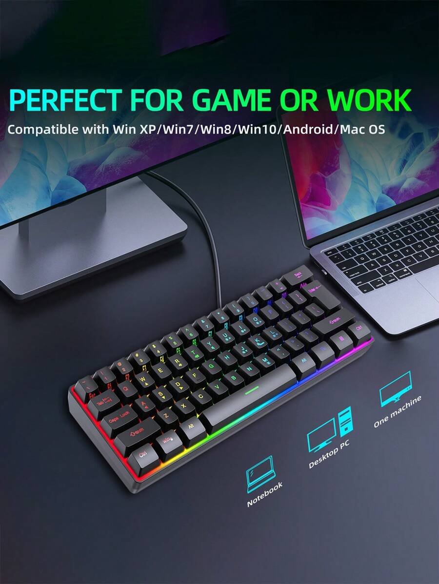 1 pieza Teclado con cable negro de 61 teclas con iluminación RGB ...