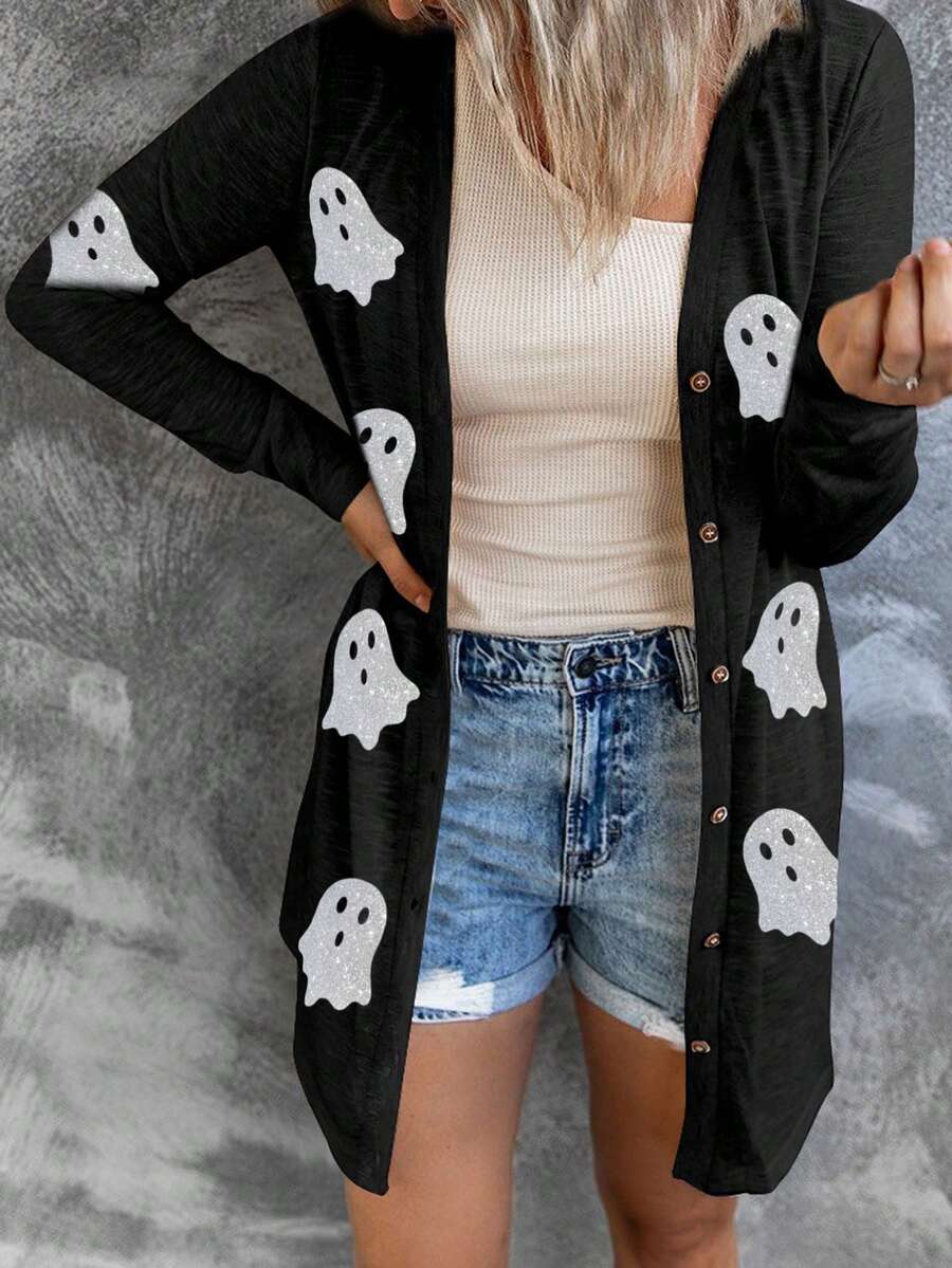 Black Glitter Ghost Halloween Graphic Button Front Long Sleeve V Neck ...