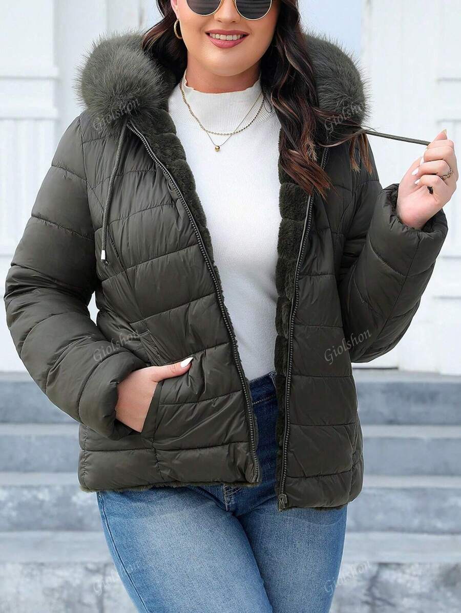 Ladies' Plus Size Puffer Hooded Jacket With Fluffy Collar, Casual And ...