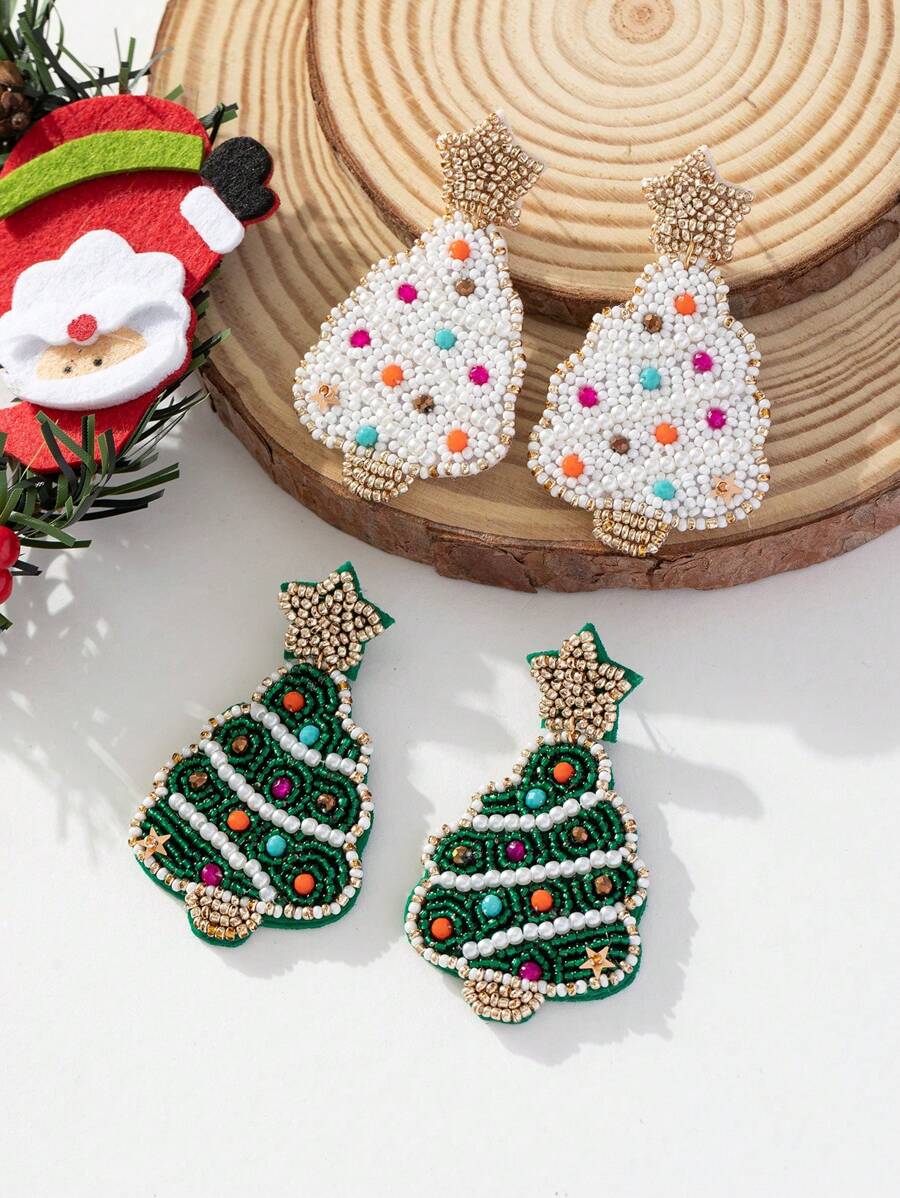 1pair Christmas Star & Christmas Tree Beaded Earrings | SHEIN USA