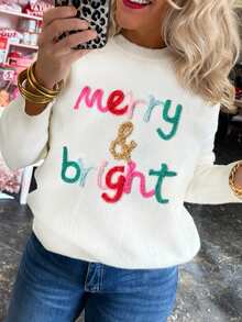 Merry & Bright Christmas Slogan Graphic Round Neck Long Sleeve Sweater ...