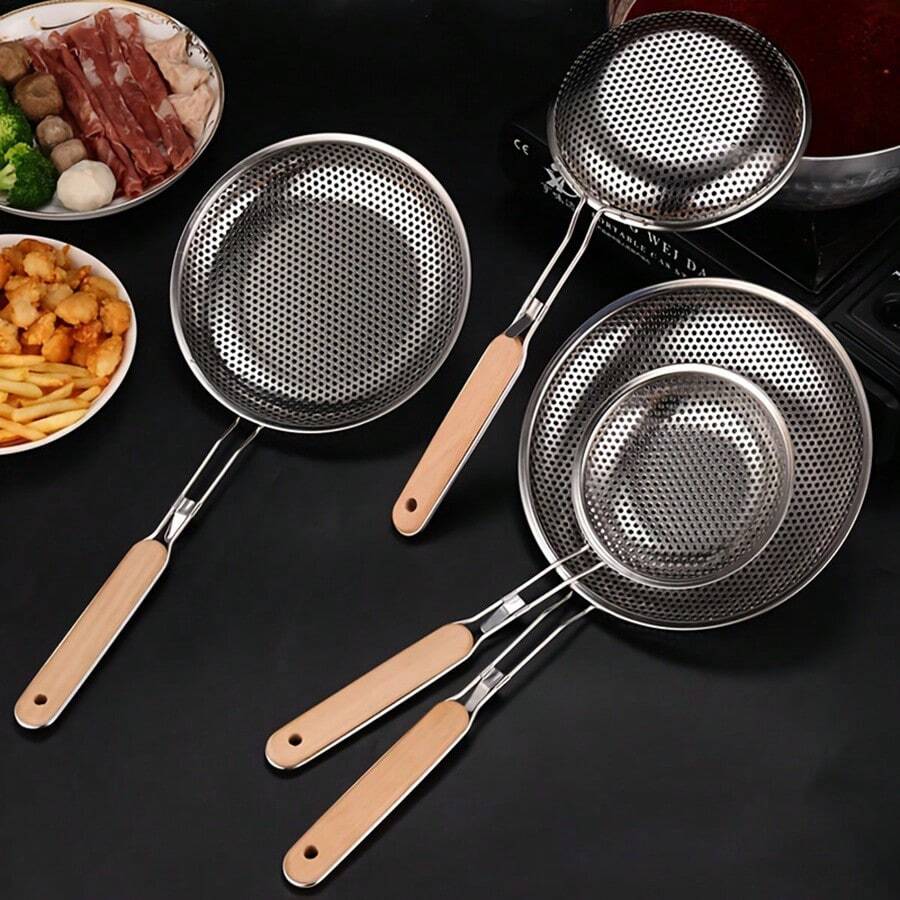 Stainless Steel & Wooden Handle Perforated Skimmer Ladle, Thick Fried ...