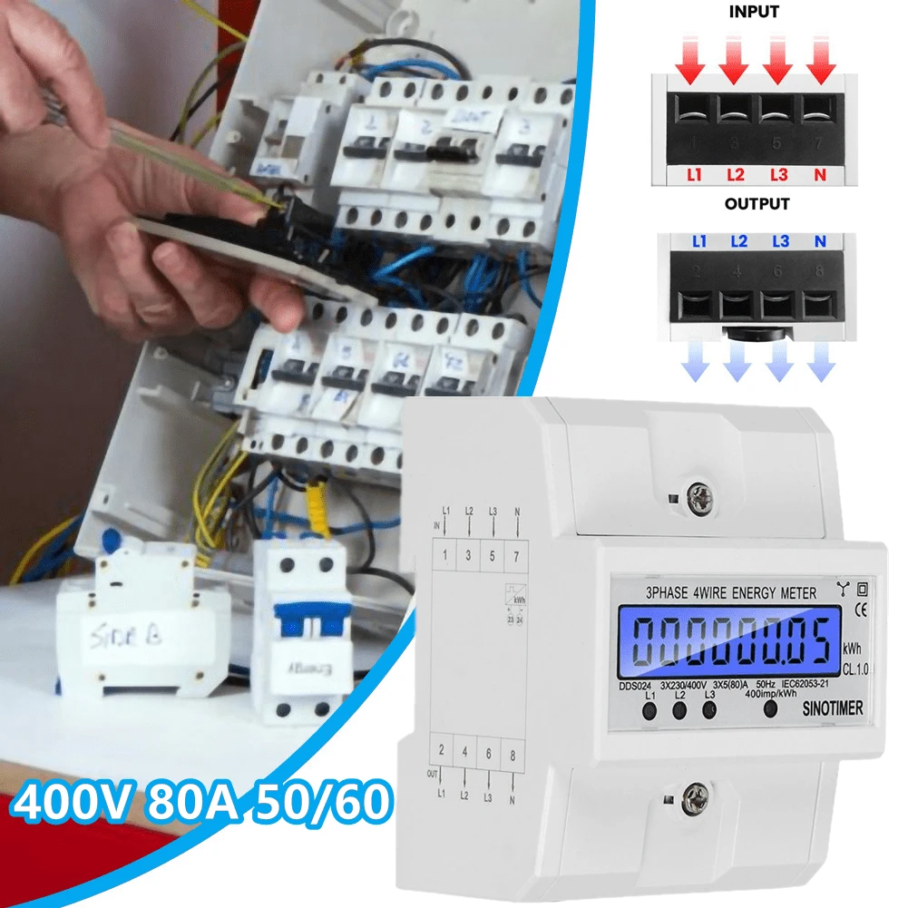 LCD Three-Phase Energy Meter Electricity Meter 3 Phases 4 Wire 400V 80A ...