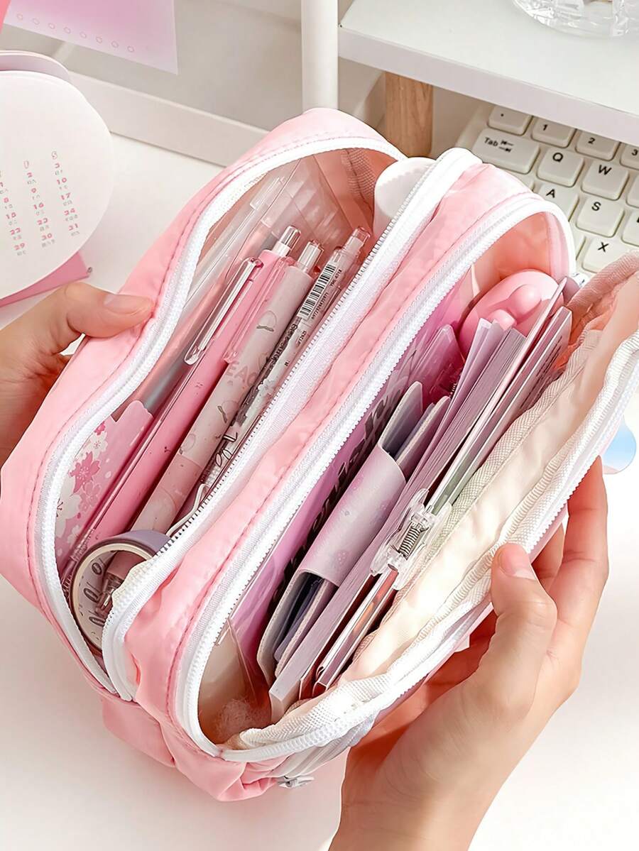 Summer Fresh Color Pencil Case Pen Bag Dual Layer Front Open Pocket ...