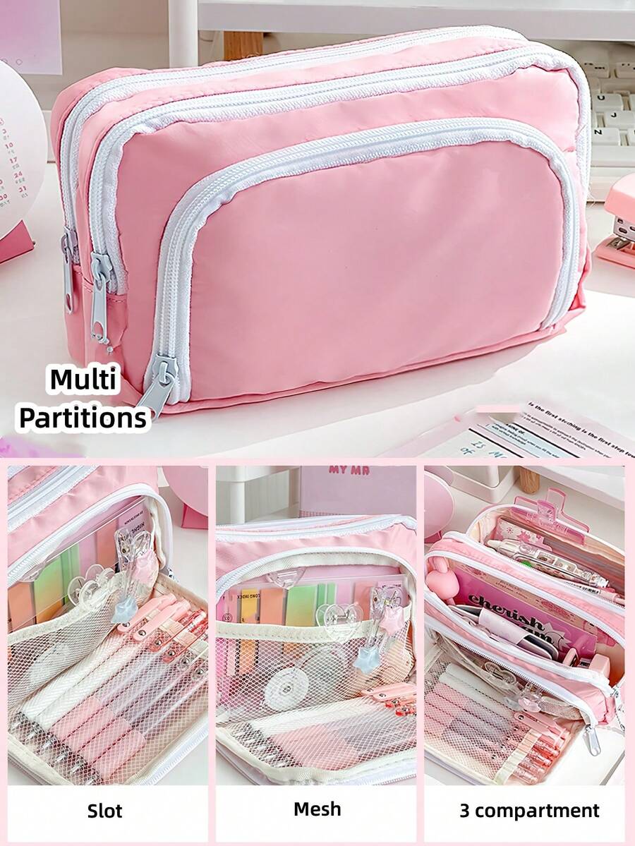 Summer Fresh Color Pencil Case Pen Bag Dual Layer Front Open Pocket ...