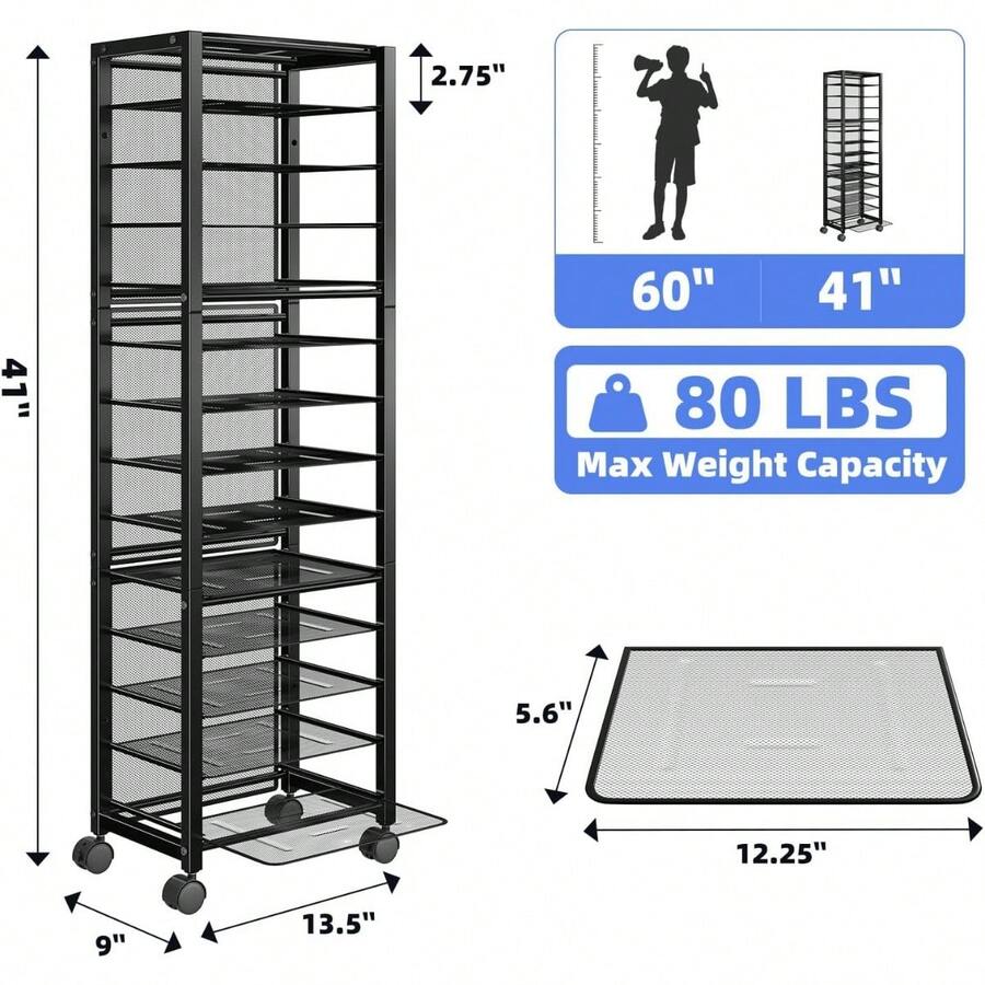 14 Tier Rolling File Cart, Desk File Organizer With Sliding Trays And ...