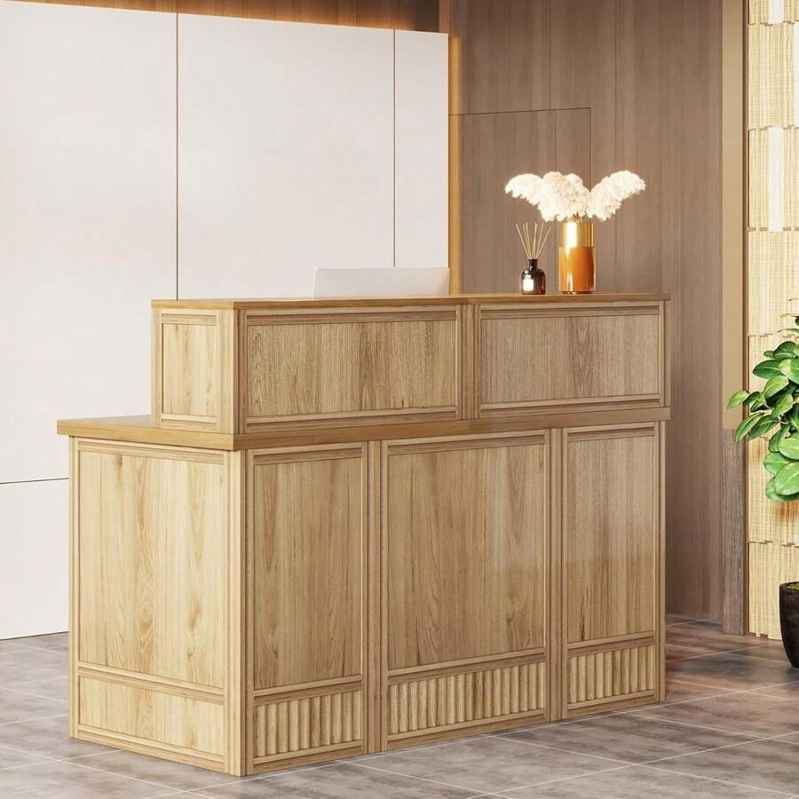 Tribesigns 57 Inch Rustic Reception Desk Boho Checkout Counter Natural ...