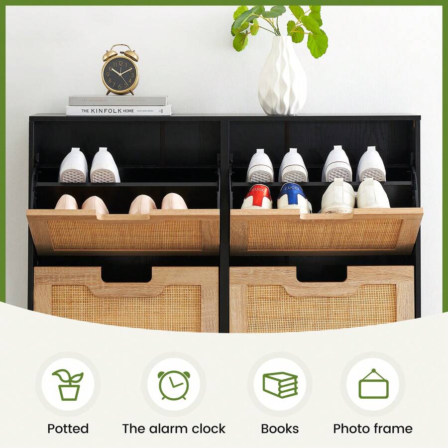 Natural Rattan 4-Door Shoe Cabinet Organizer - Freestanding Modern Shoe ...