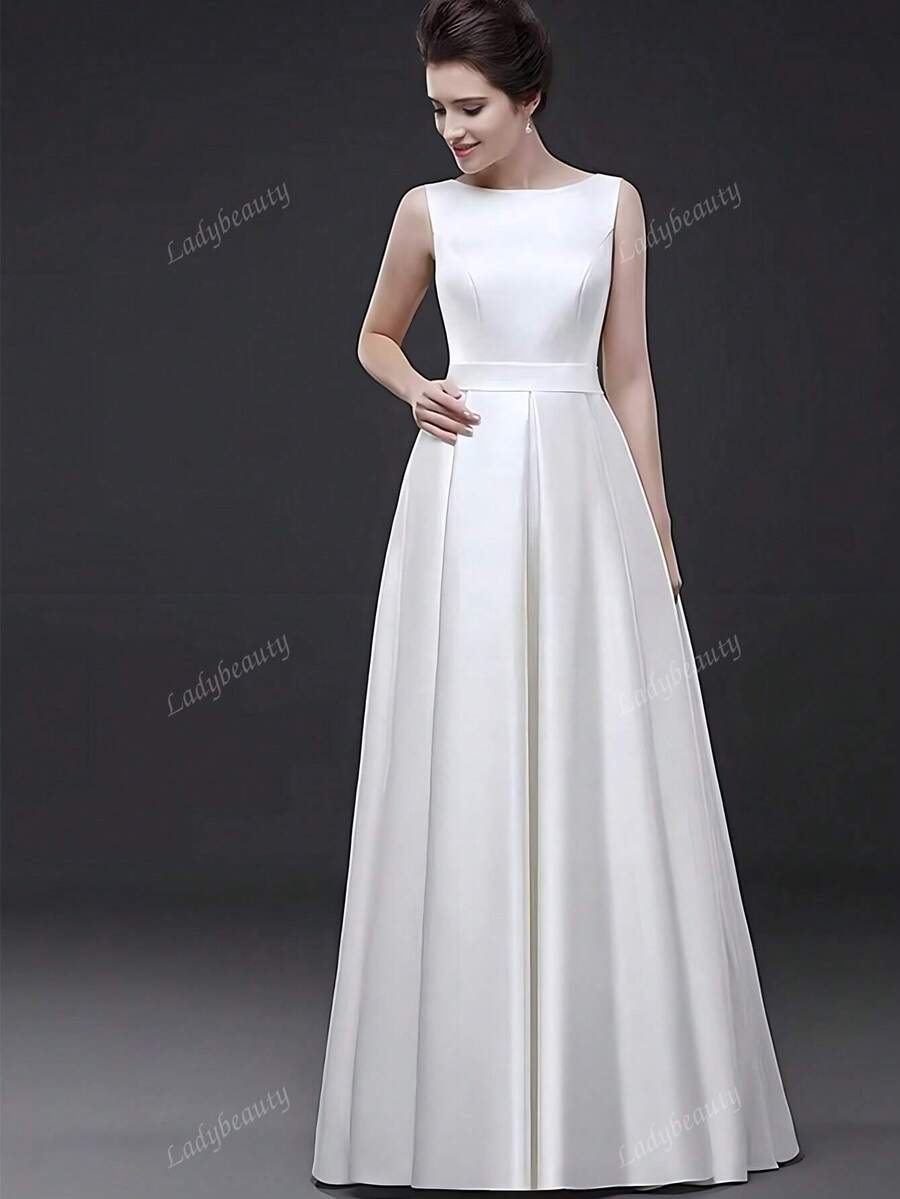 Long Satin Formal Dress, White Boat Neck Backless Tie Prom Dress With ...