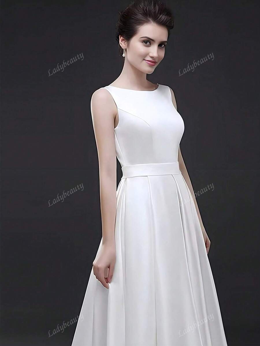 Long Satin Formal Dress, White Boat Neck Backless Tie Prom Dress With ...