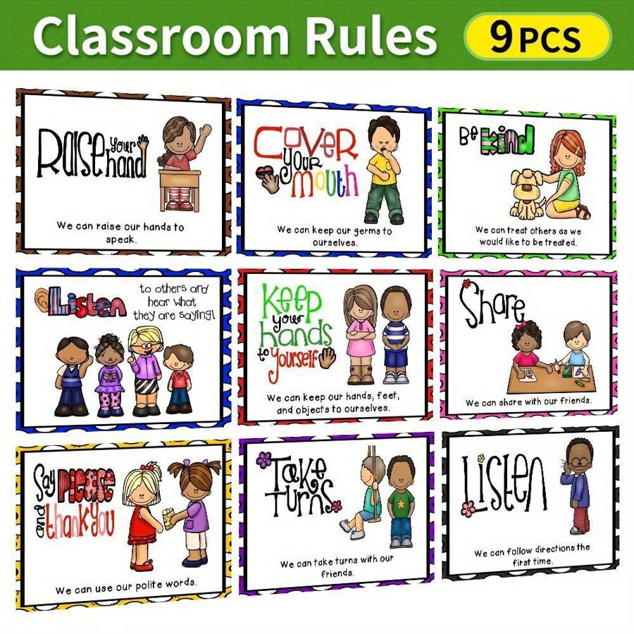 9 Pcs A4 Class Rules Poster For Classroom - Classroom Rules Poster ...