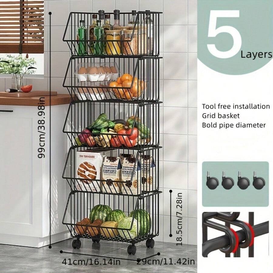 5 Layers Kitchen Fruit And Vegetable Basket, Snack Cart, Stackable ...