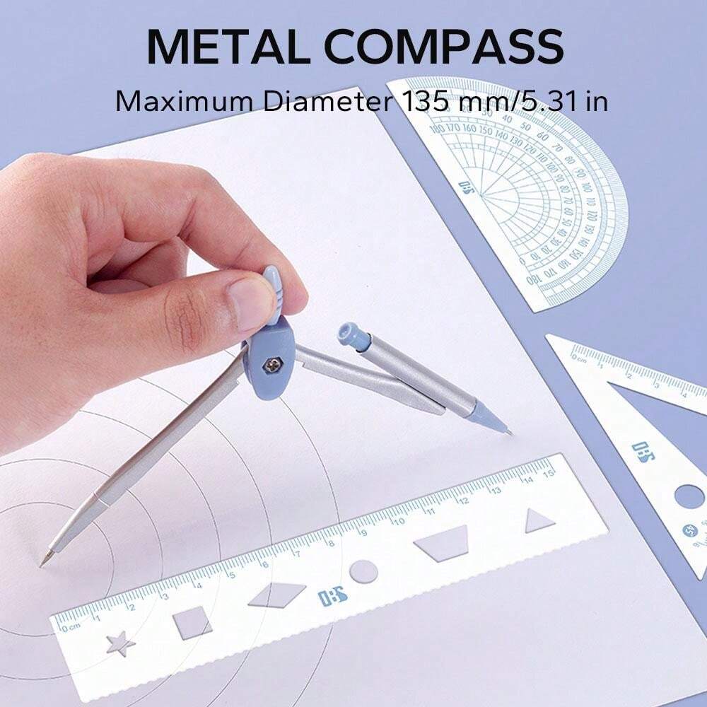 8 Pezzi Set Geometrico Per Studenti Con Scatola Di Metallo Per Riporre ...