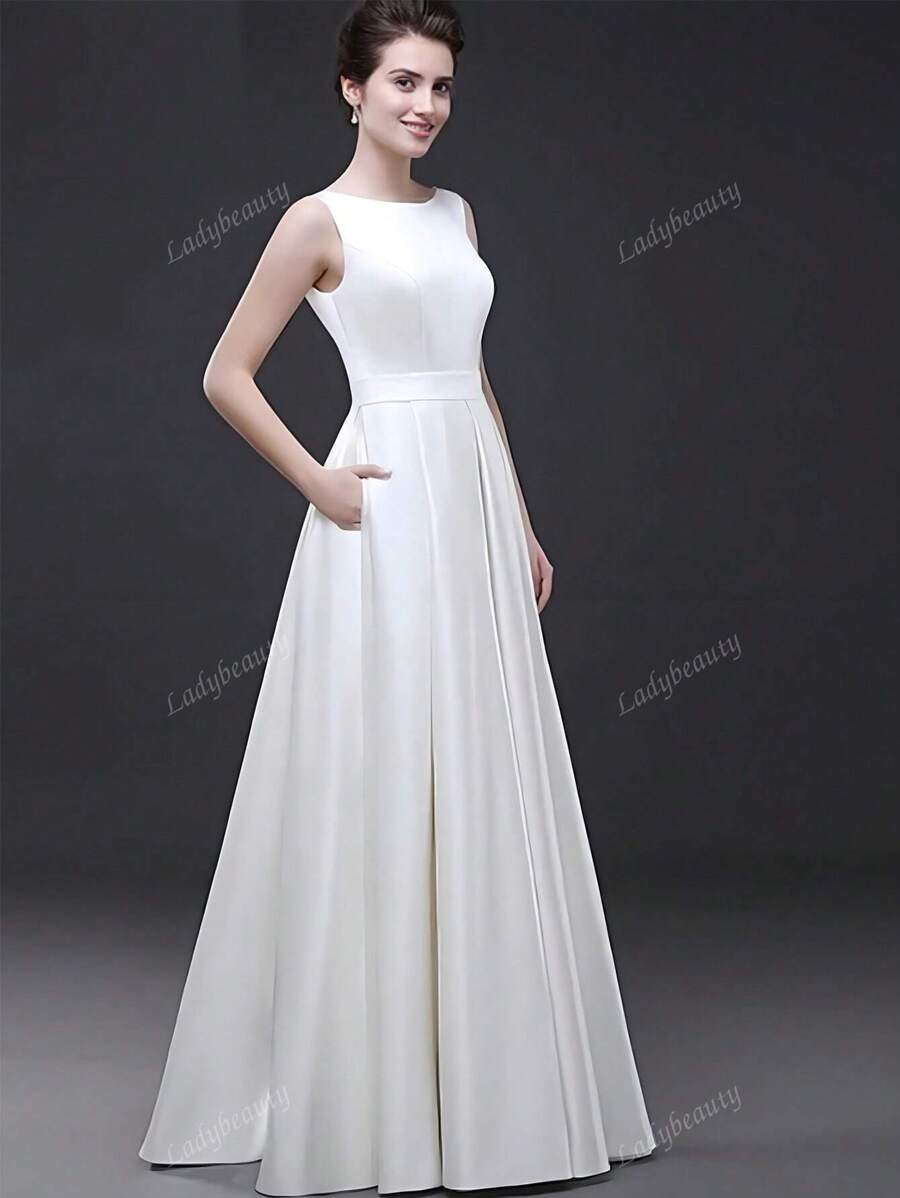 Long Satin Formal Dress, White Round Neck Backless Tie Prom Dress With ...